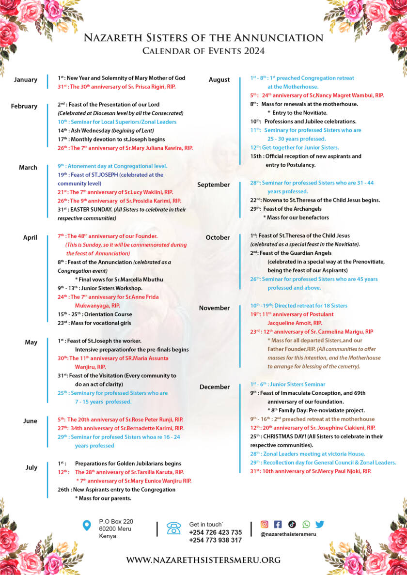 NSA Calendar of Events – Nazareth Sisters of the Annunciation